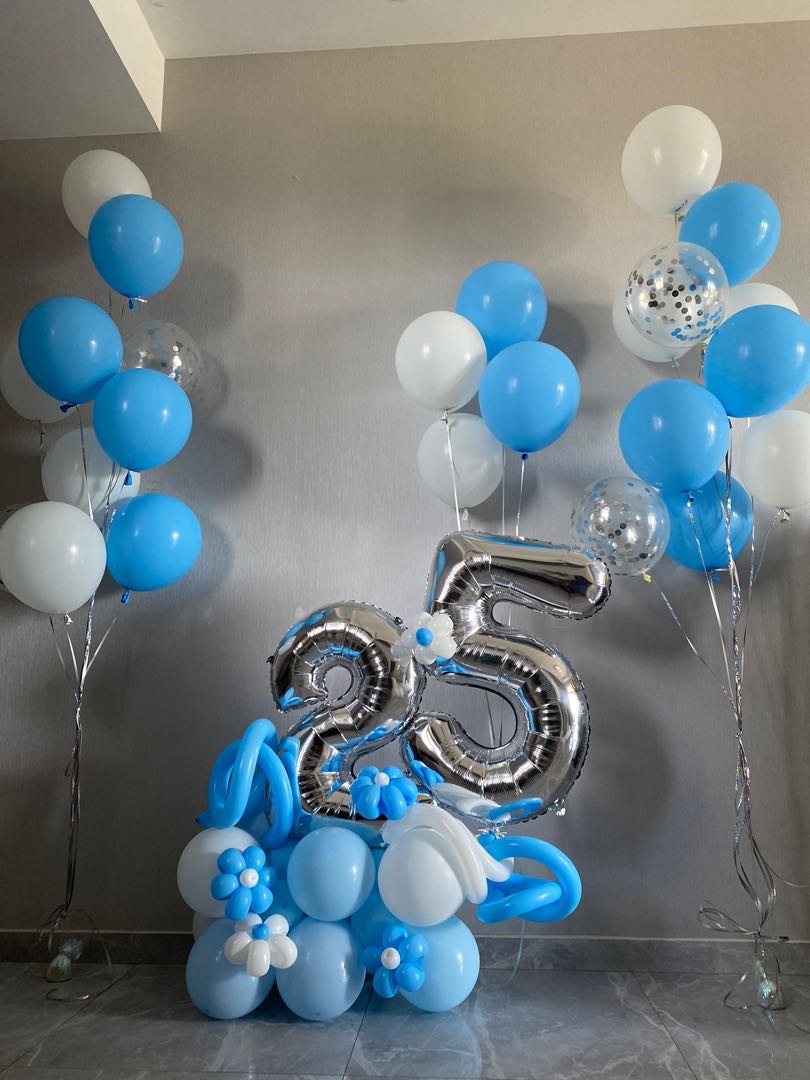 helium balloons and number stand for surprise birthday party, Hobbies ...