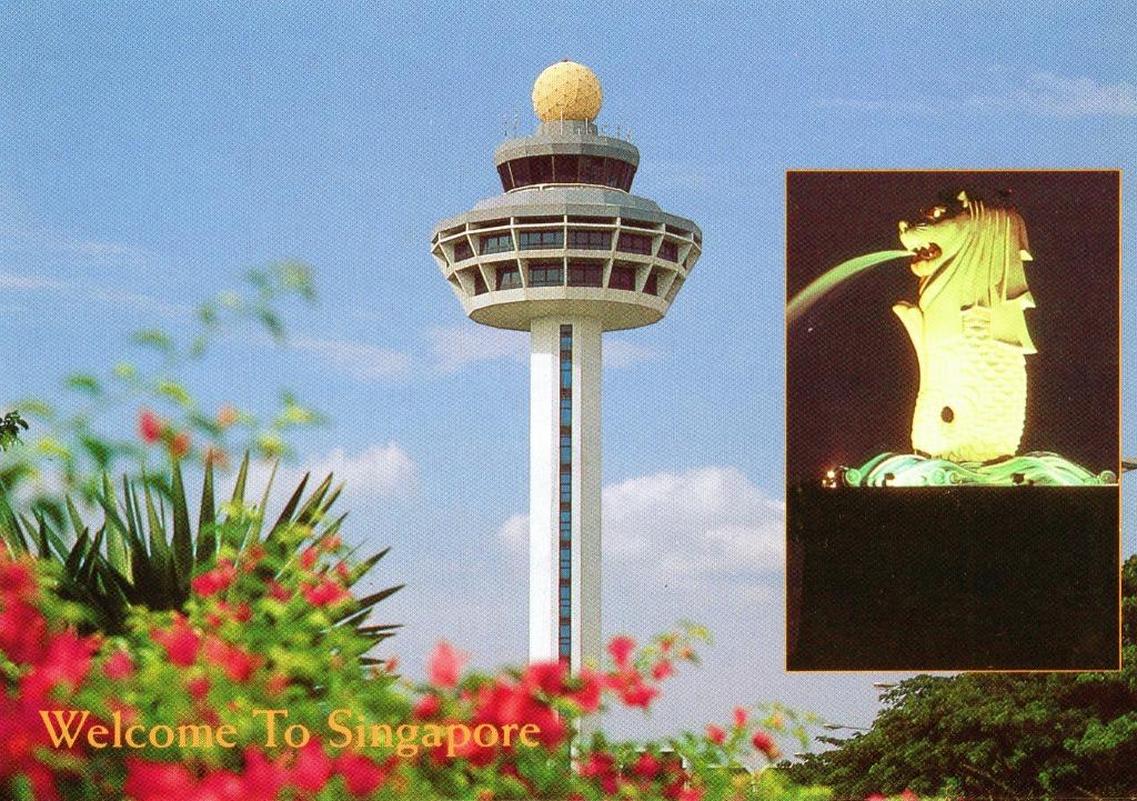 S'pore Changi Airport / Merlion (rare vintage old Singapore Postcard ...