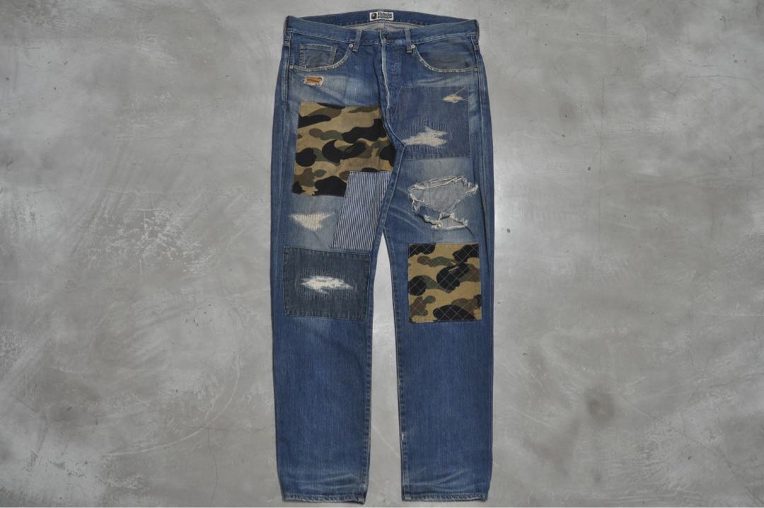 Bape - 1st Camo Patchwork Bapesta Denim, Men's Fashion, Bottoms, Jeans on Carousell