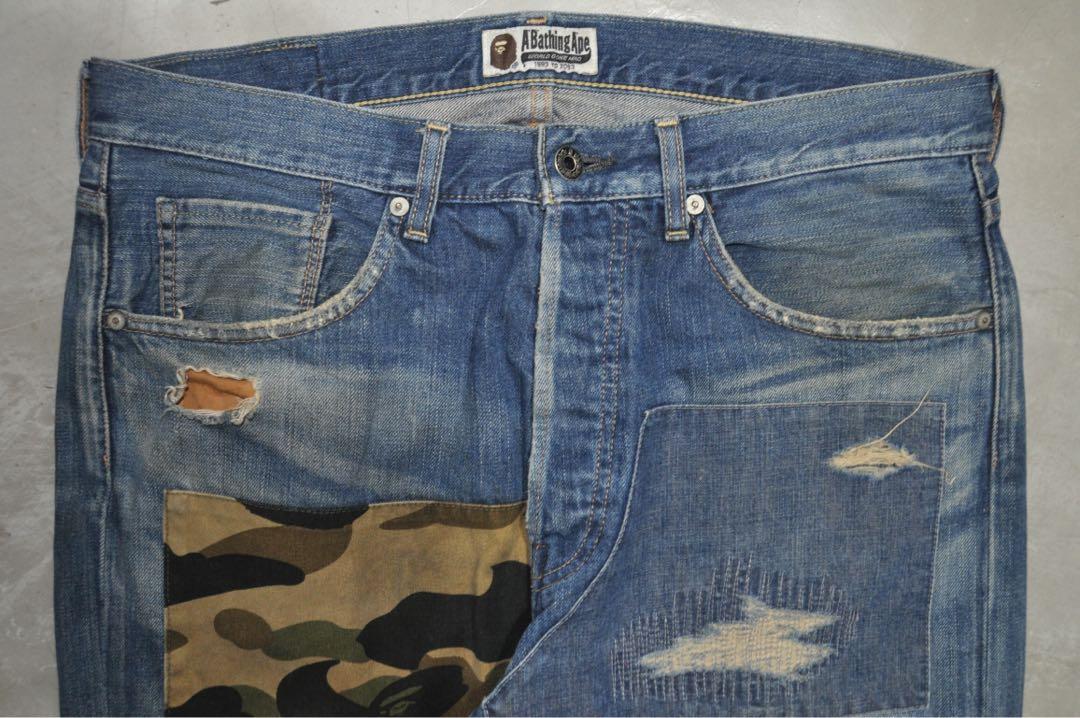 Bape - 1st Camo Patchwork Bapesta Denim, Men's Fashion, Bottoms, Jeans on Carousell