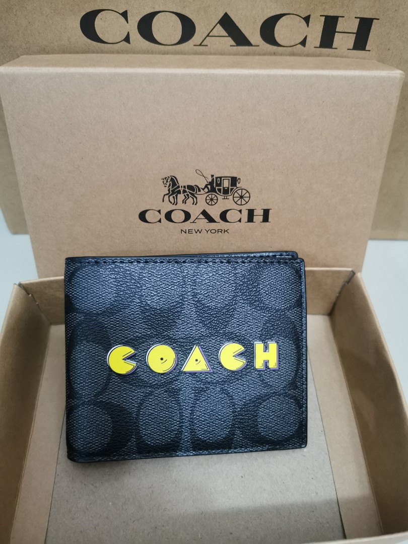 ID BILLFOLD WALLET IN SIGNATURE CANVAS WITH PAC-MAN COACH SCRIPT (COACH ...