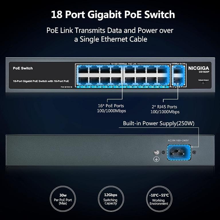 (JB216) NICGIGA 18 Port Gigabit PoE Switch with 16 Ports 1000Mbps PoE+@250W, 2 Gigabit Uplink ...