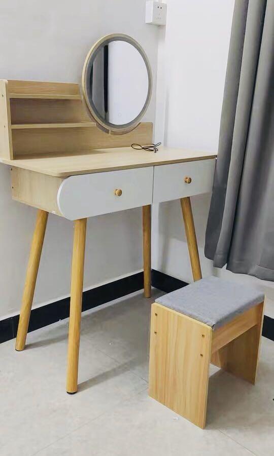 [READY STOCK] 80cm Dressing table with LED mirror & stool - light wood ...
