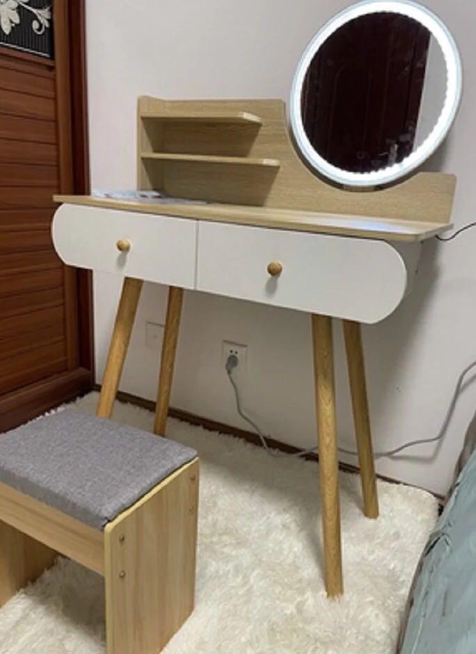 [READY STOCK] 80cm Dressing table with LED mirror & stool - light wood ...