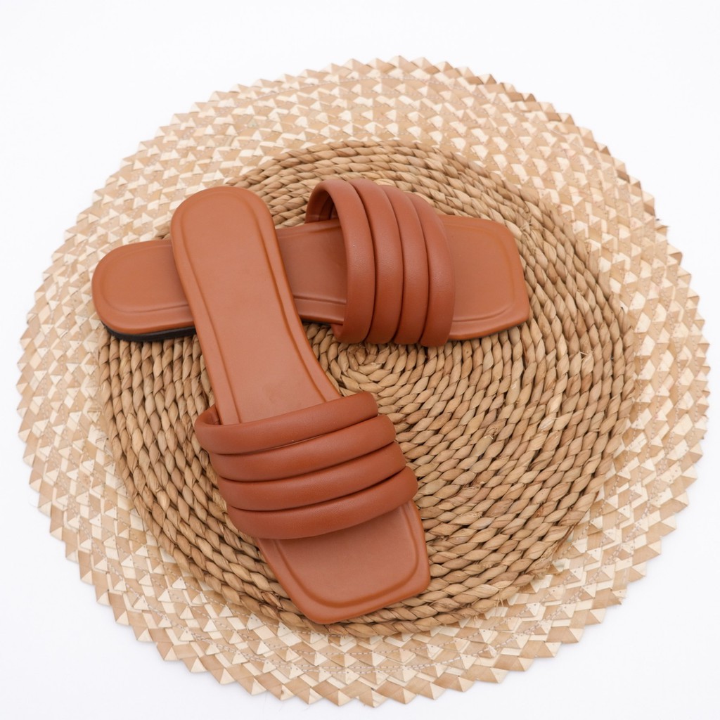 SCDZ299-Flat Square Toe Quad Tubular Leather Slides, Women's Fashion ...