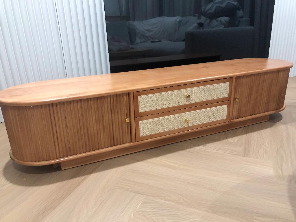 Solid Wood Rattan Drawers Fluted Panel Sliding Doors TV Console ...