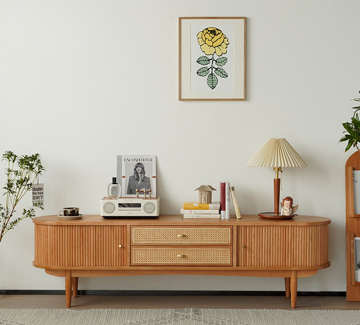 Solid Wood Rattan Drawers Fluted Panel Sliding Doors TV Console ...