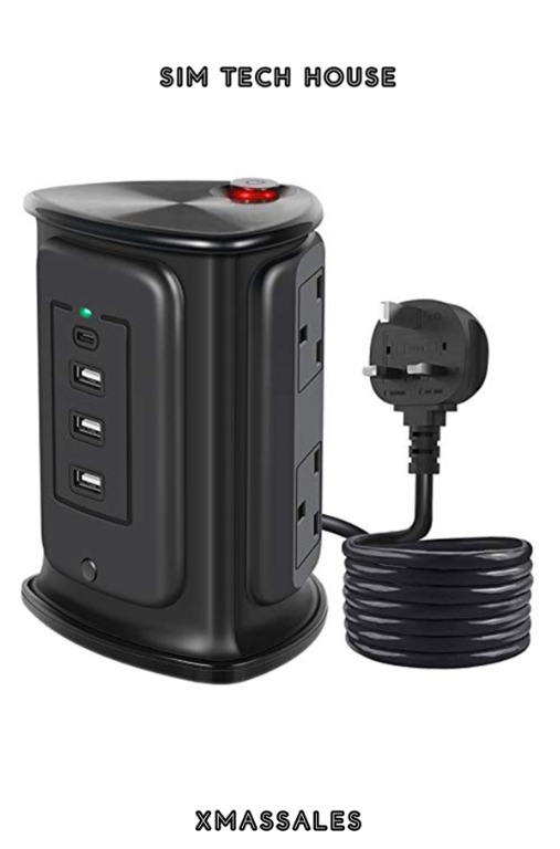 XMAS! Tower Extension Lead with USB Slots, TBMax Vertical Power Strip Tower 4 way UK Outlets and ...