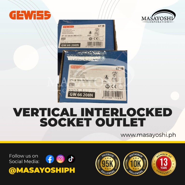 Gewiss Vertical Interlocked Socket Outlet with Bottom 2P+E 32A 200-250V ...