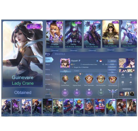 85 skins guin epic limit mobile legends account #004 (66 HEROES, 85 ...