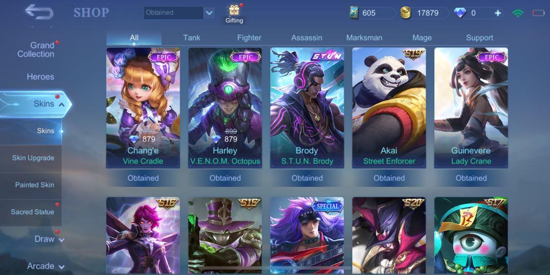 85 skins guin epic limit mobile legends account #004 (66 HEROES, 85 ...