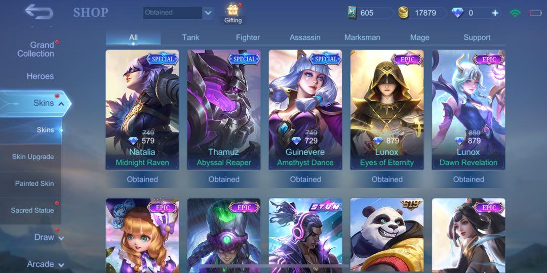 85 skins guin epic limit mobile legends account #004 (66 HEROES, 85 ...