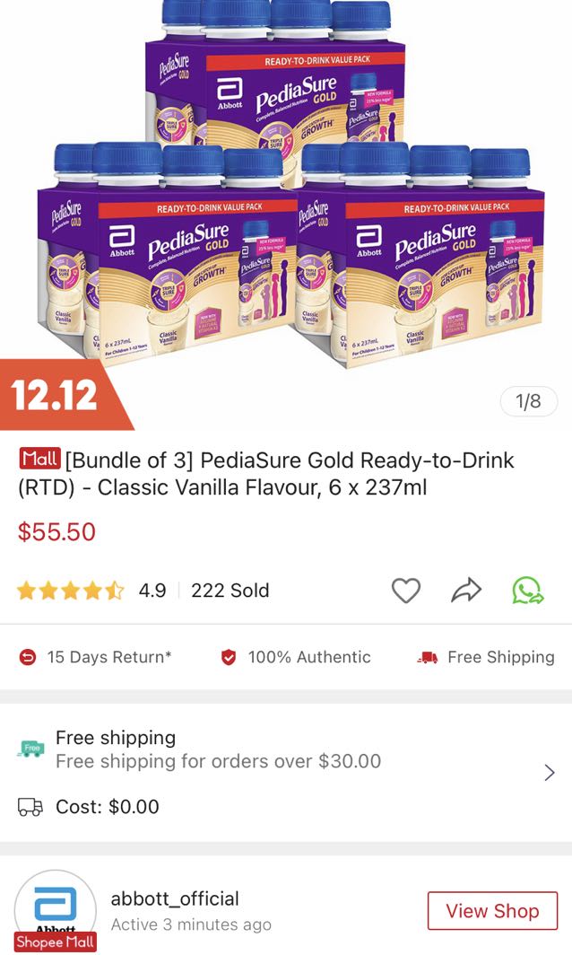 Pediasure Gold Ready to Drink Classic Vanilla 18 bottles - Unopened ...