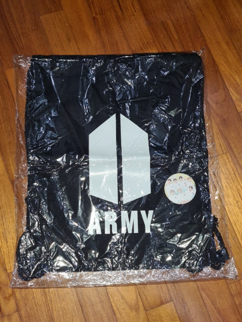 BTS 'Army' Drawstring Bag with Army Logo and Free BTS Pin, Hobbies ...
