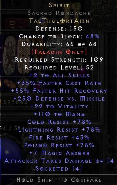 Paladin Spirit Shield 35FCR 43 Res Sacred Rondache: Diablo 2 ...