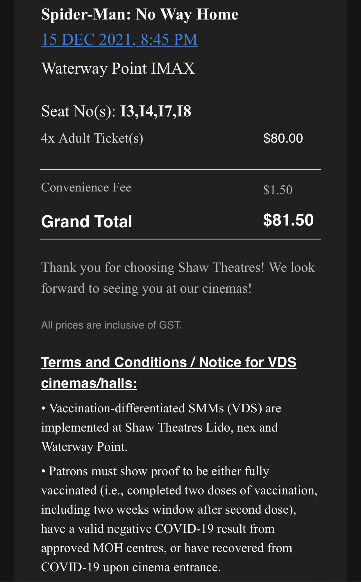 Spiderman No Way Home IMAX tickets x4, Tickets & Vouchers, Event ...