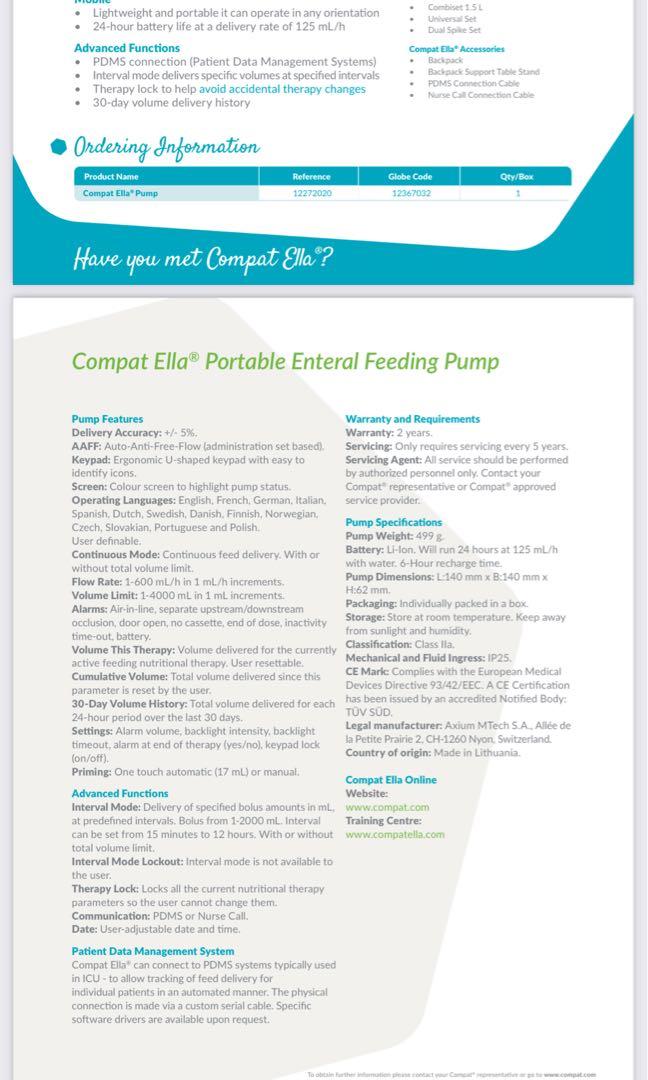 Compat Ella Portable Enteral Feeding Pump, Health & Nutrition, Medical ...