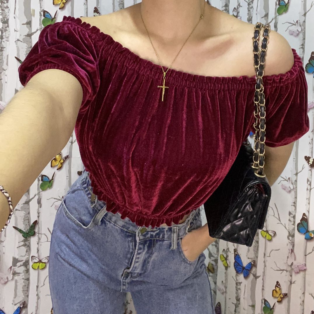 Red Velvet off shoulder top, Women's Fashion, Tops, Others Tops on ...