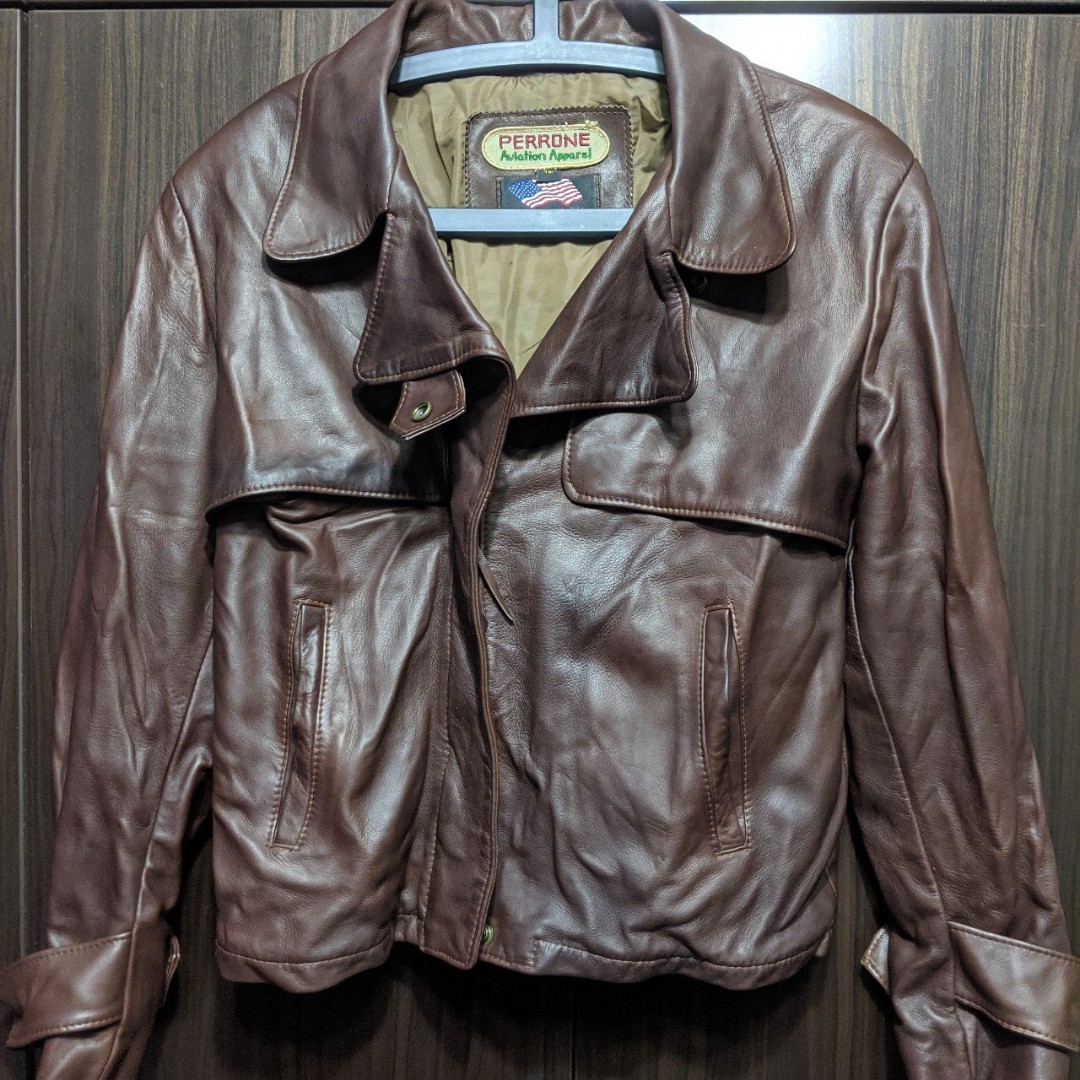 Vintage Perrone Aviator Dark Brown Leather Jacket, Women's Fashion ...