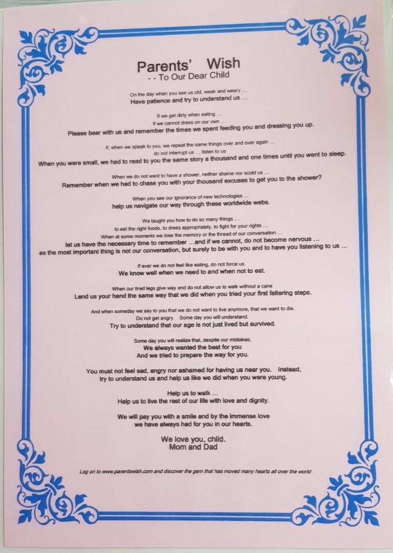 PARENTS' WISH. A4 SIZE and LAMINATED. TRIPOD STAND INCLUDED. NEW ...