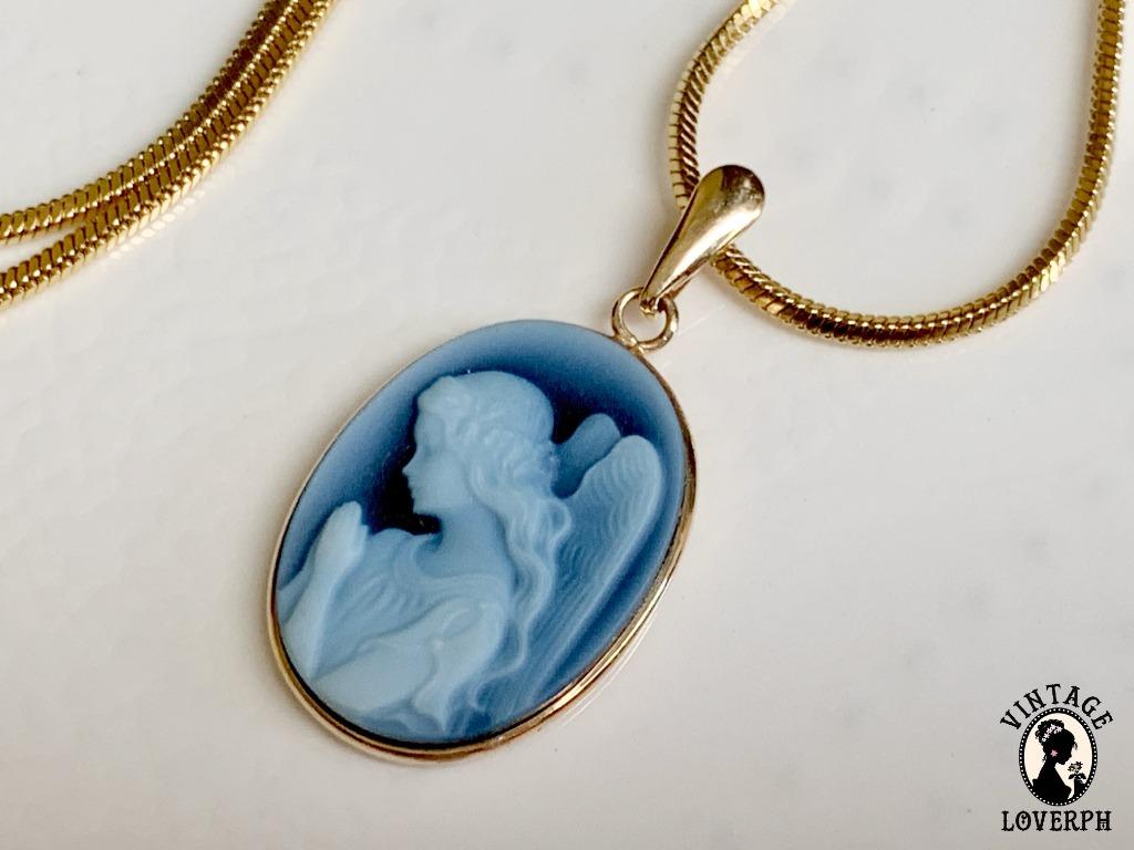 Praying Angel Cameo Pendant in Blue Agate and 14kt Solid Gold Settings ...