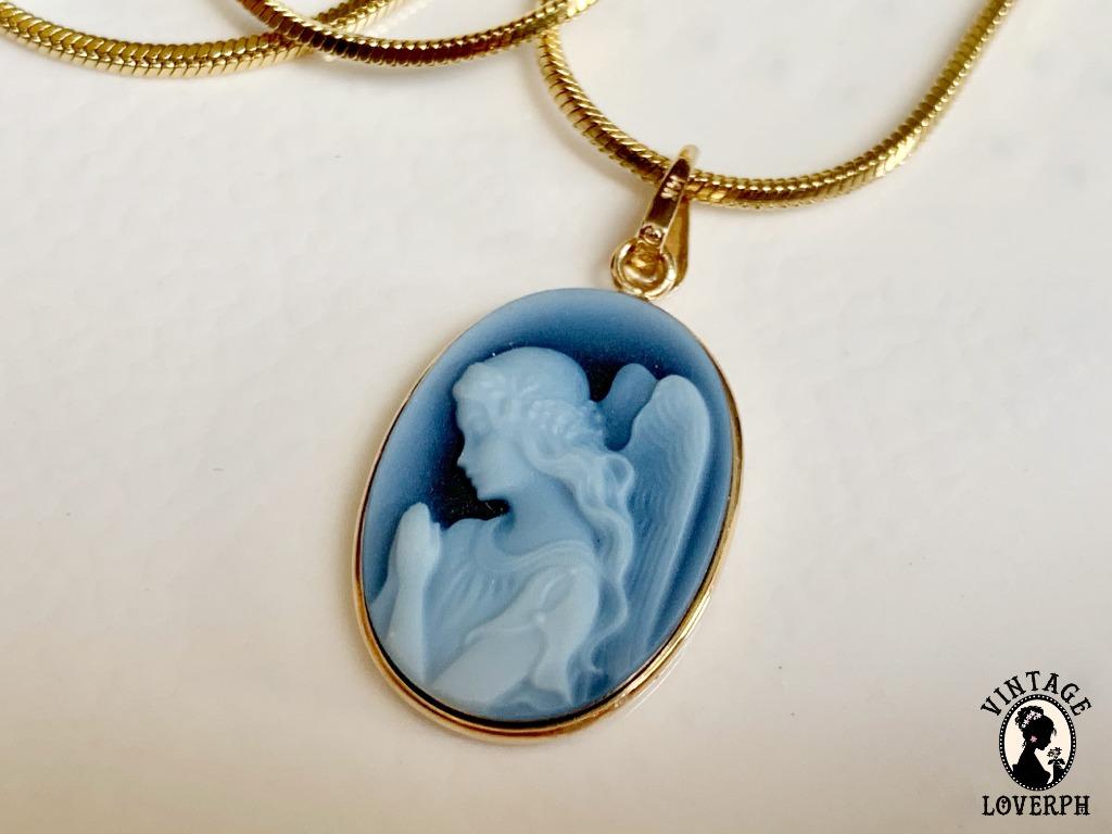 Praying Angel Cameo Pendant in Blue Agate and 14kt Solid Gold Settings ...