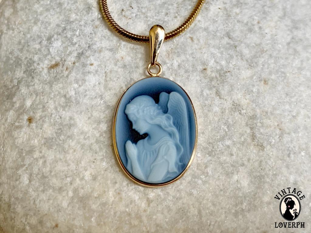 Praying Angel Cameo Pendant in Blue Agate and 14kt Solid Gold Settings ...