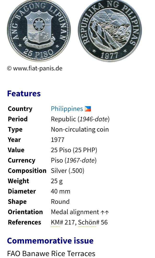 Silver 1977 FAO Banawe Rice Terraces 25 Piso Commemorative Coin ...