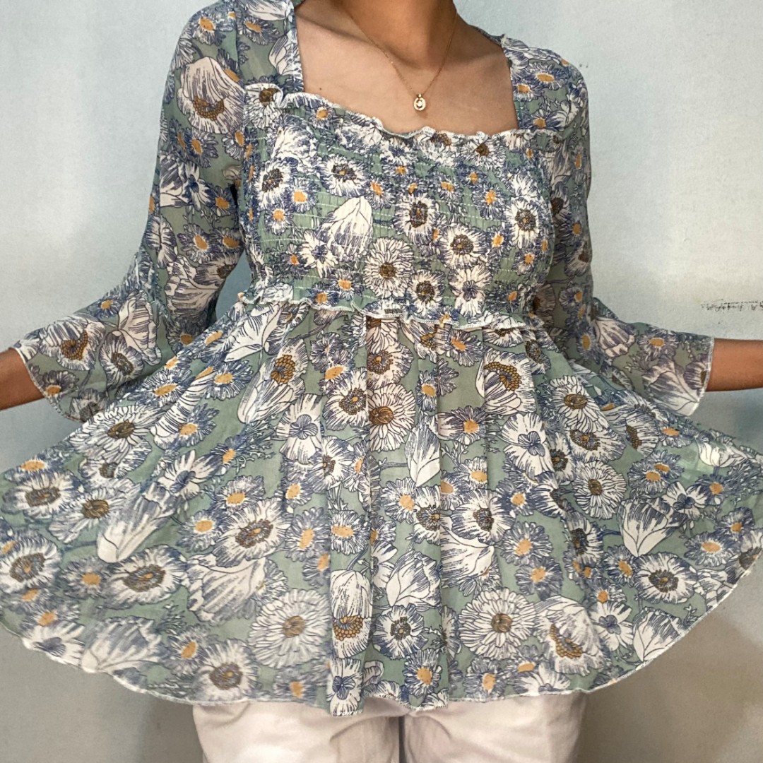 Cute square neck with flowers as design, Women's Fashion, Tops, Blouses ...