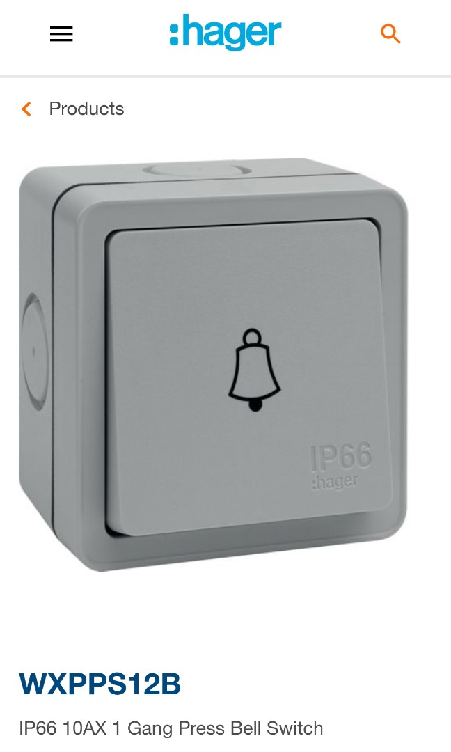 HAGER Waterproof Outdoor IP66 Bell Switch WXPPS12B, Furniture & Home ...