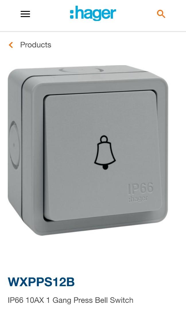 HAGER Waterproof Outdoor IP66 Bell Switch WXPPS12B, Furniture & Home ...