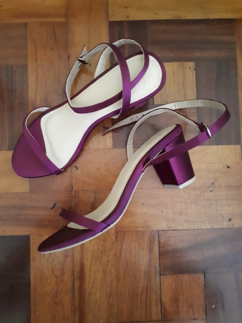 Plum / Red Violet Block Heels with Ankle Strap, Women's Fashion ...