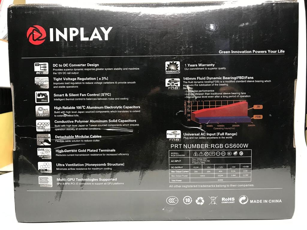INPLAY TRUE-RATED POWER SUPPLY UNIT/ PSU, RGB 600W GS600RGB 80+ 4x SATA ...
