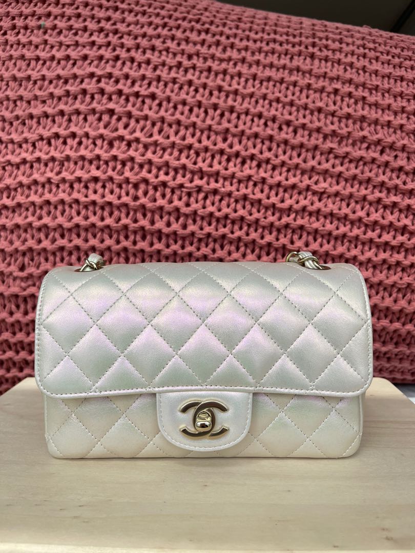 CHANEL mini rectangular iridescent ivory flap, Luxury, Bags & Wallets ...