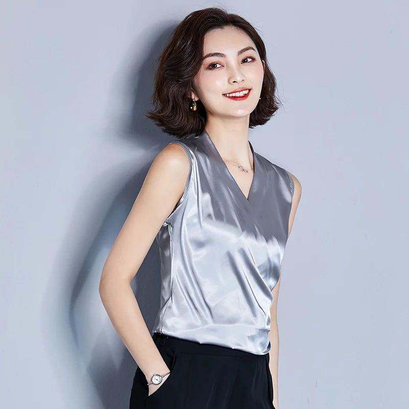 Silver Grey Satin Silk Blouse Sleeveless Top, Women's Fashion, Tops ...