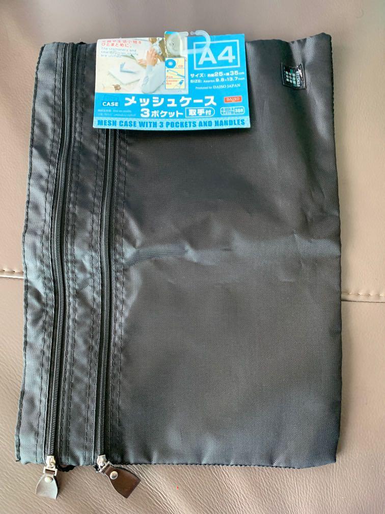 Daiso A4 mesh case with 3 pockets and handles, Books & Stationery ...