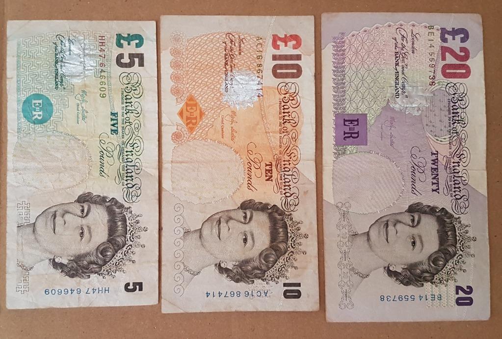 Set of 3 Old British Bank Notes, £20, £10 and £5, Bank of England ...