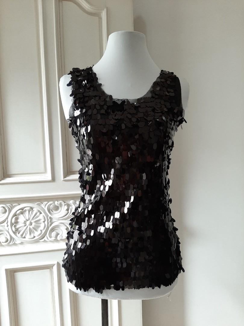 Black sequin top, Women's Fashion, Tops, Sleeveless on Carousell