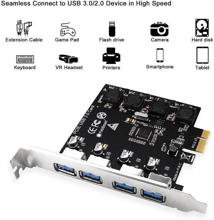 FebSmart 4 Ports USB 3.0 Super Fast 5Gbps PCI Express(PCIe) Expansion ...