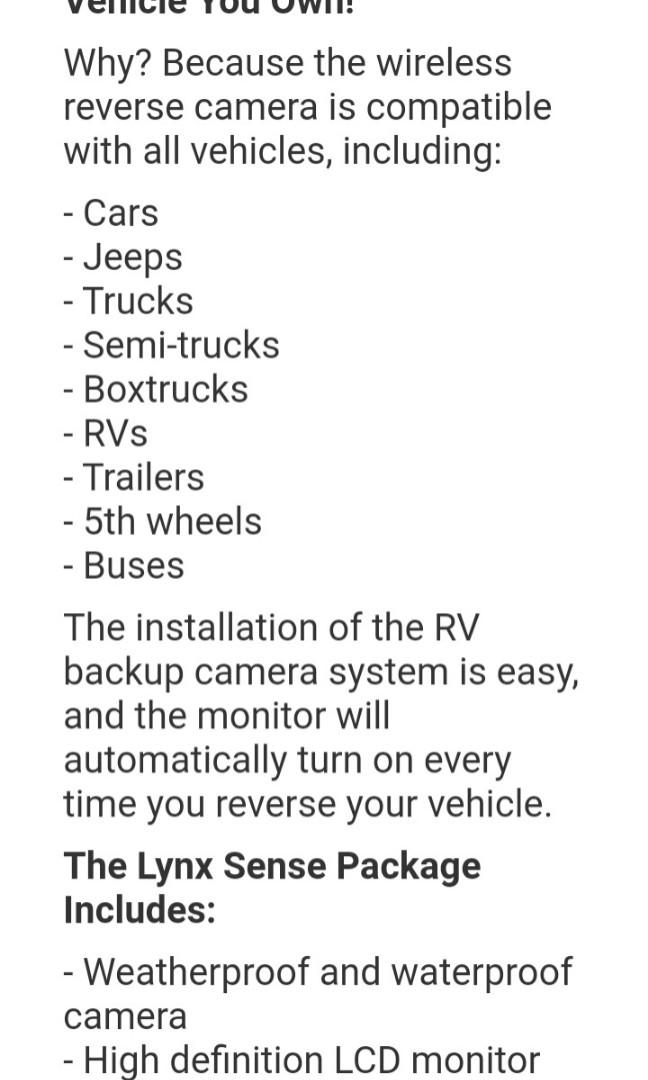 CCTV LYNX SENSE Car Truck Vehicle Wireless Back Up Reversing Reverse ...