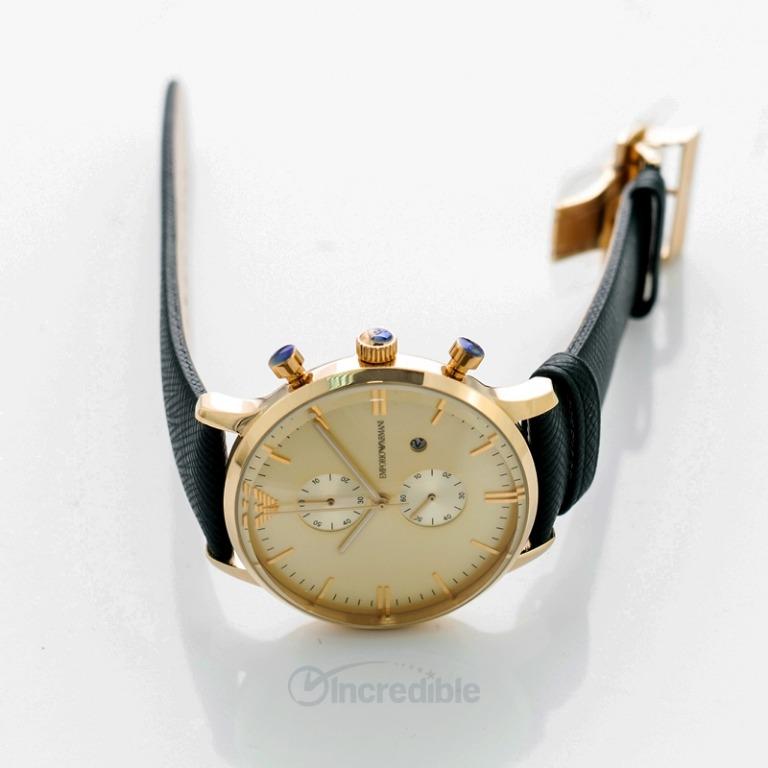 [NEW] Emporio Armani Chronograph Quartz Beige Dial Green Leather Strap ...