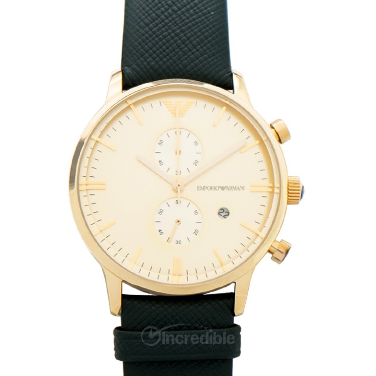 [NEW] Emporio Armani Chronograph Quartz Beige Dial Green Leather Strap ...