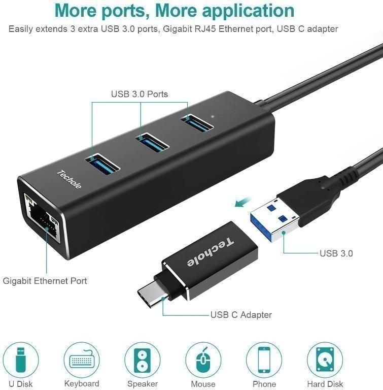 Techole USB 3.0 Hub Aluminum USB Ethernet Adapter Splitter with RJ45 10 ...