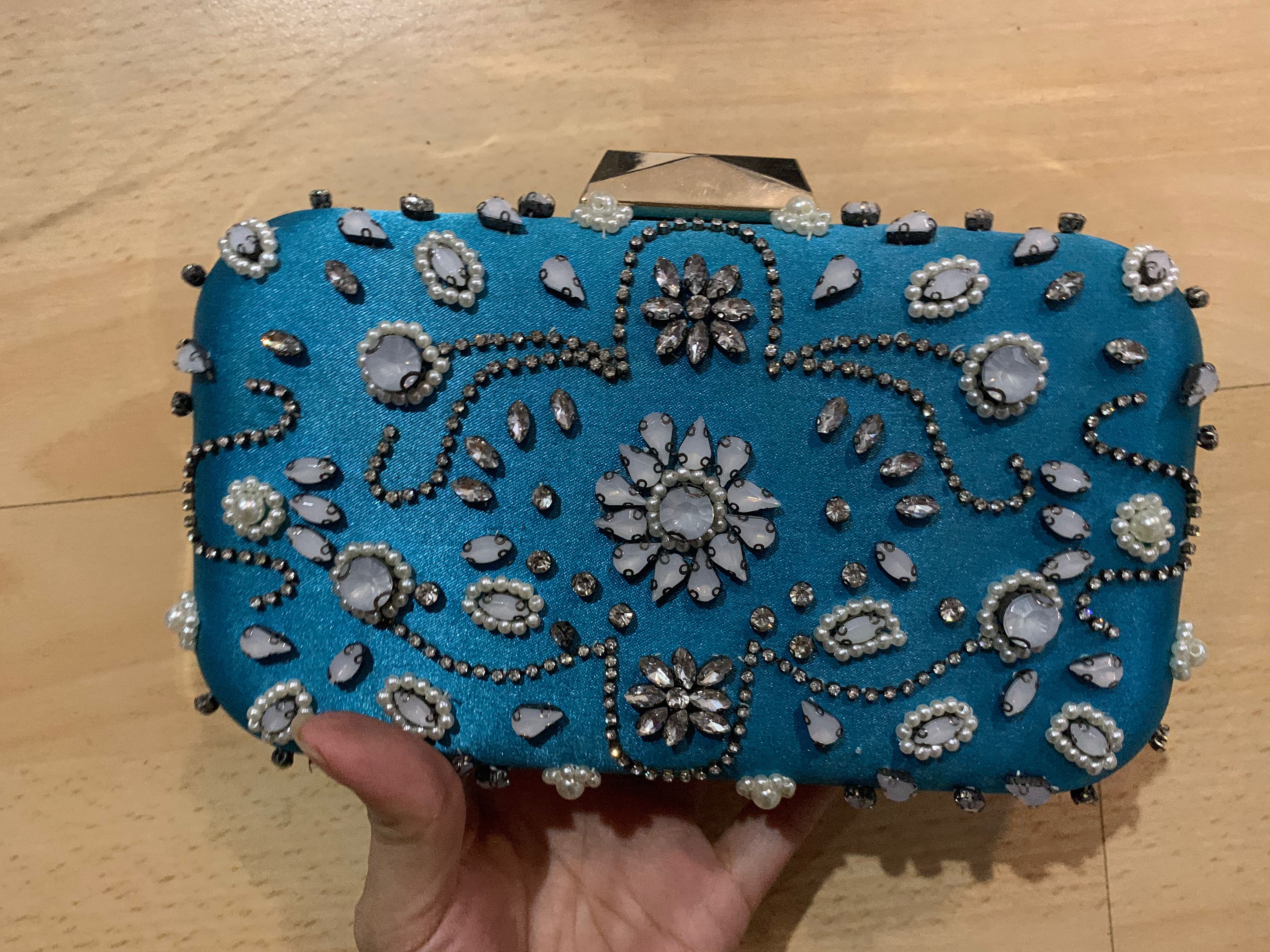 Formal Clutch Bag (Blue Satin/Silk with embellishment), Women's Fashion ...