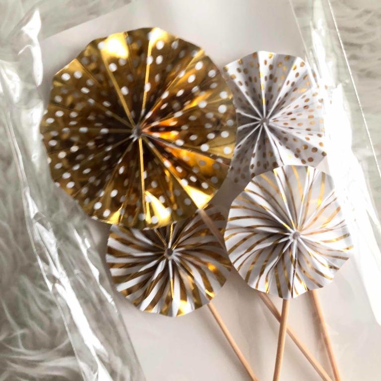 Gold Birthday Cake Toppers Set | Gold Confetti Balloon | Gold Paper Fan ...