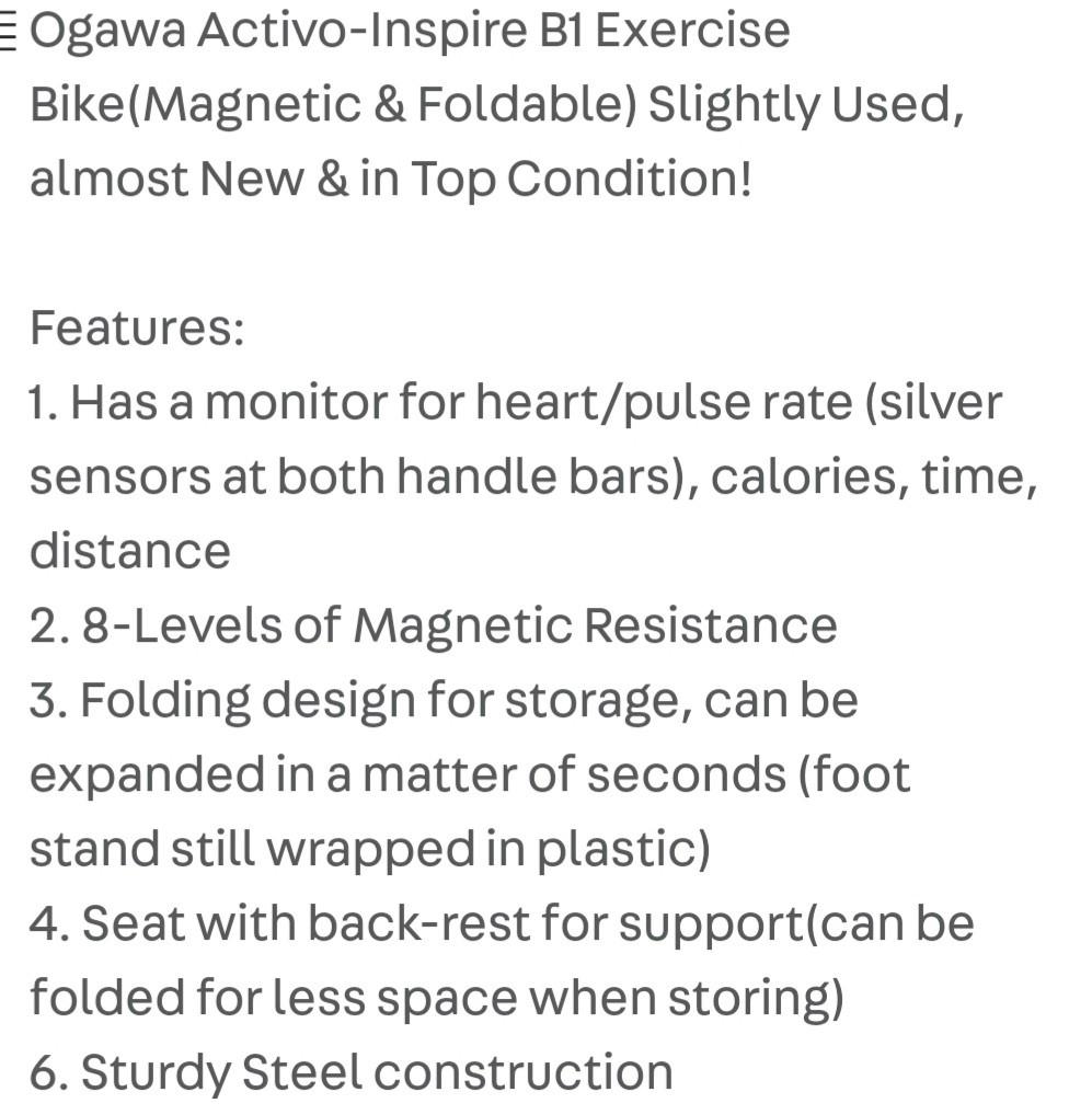 Ogawa Activo Inspire B1 gym bike, Sports Equipment, Exercise & Fitness ...