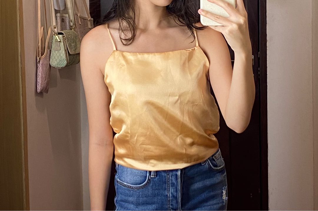 Pastel yellow satin top, Women's Fashion, Tops, Blouses on Carousell