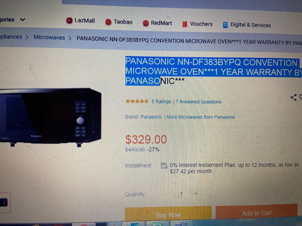 PANASONIC NN-DF383BYPQ CONVENTION MICROWAVE OVEN, TV & Home Appliances ...