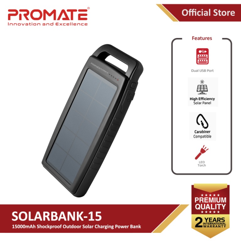 Promate SolarBank-15 Shockproof Outdoor Solar Charging Powerbank ...