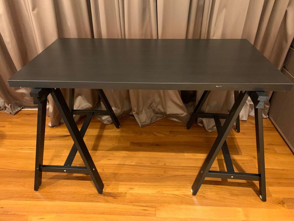 Ikea Study Table (Two Oddvald Trestles and Linnmon Tabletop), Furniture ...